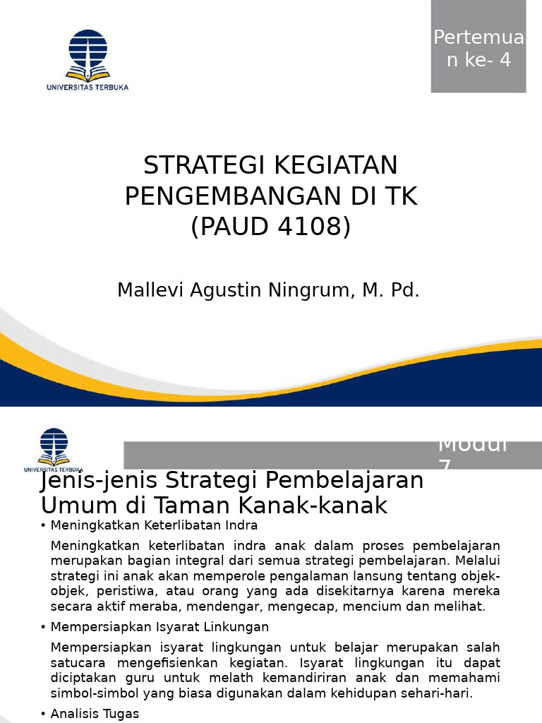Strategi Kegiatan Pengembangan Di TK Pertemuan Tutorial 4 | PDF