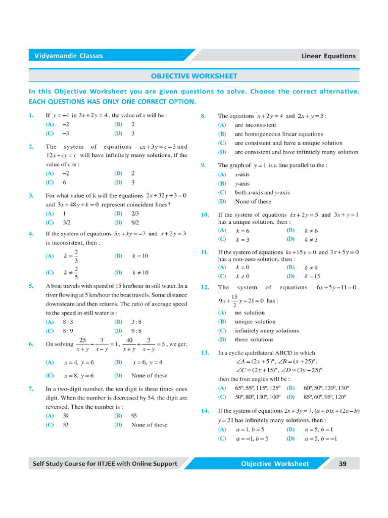 Linear Equations-Objective Worksheet and Answers | PDF