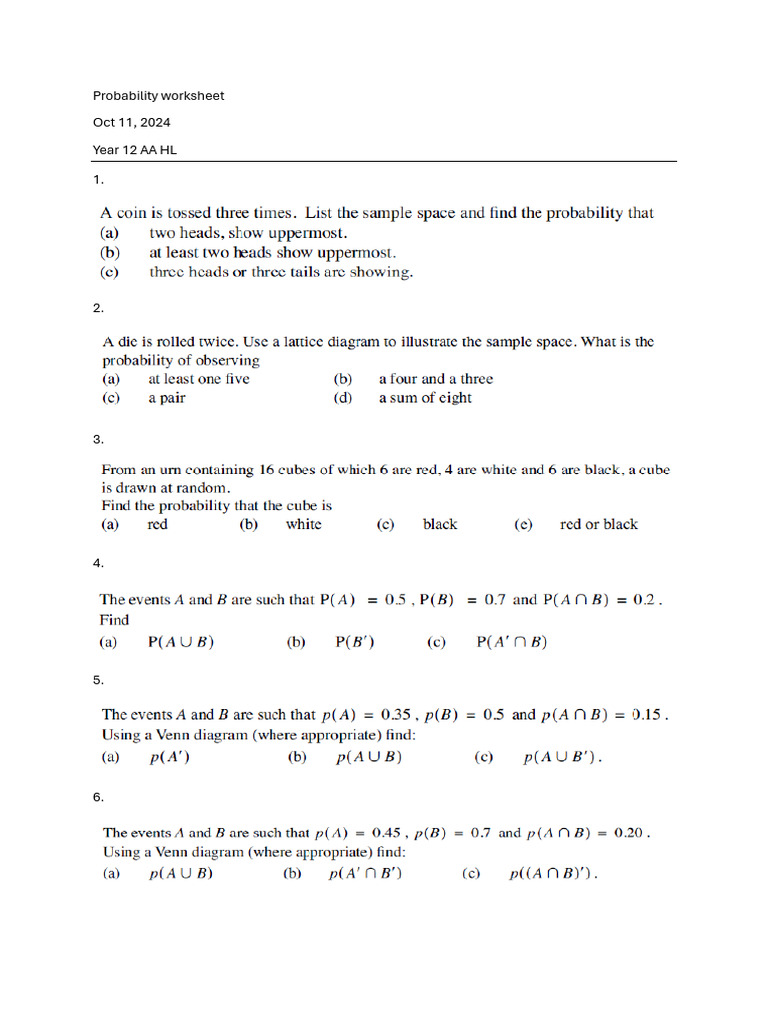 Probability Worksheet | PDF