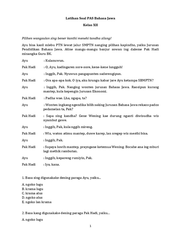 Latihan Soal PAS Bahasa Jawa - Kelas 12 | PDF