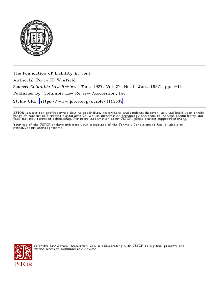 Winfield FoundationLiabilityTort 1927 | PDF | Tort | Negligence