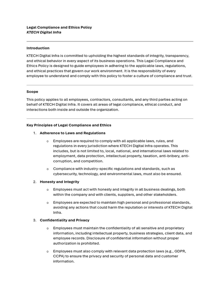 KTECH Digital Infra: Legal Compliance and Ethics Policy | PDF ...