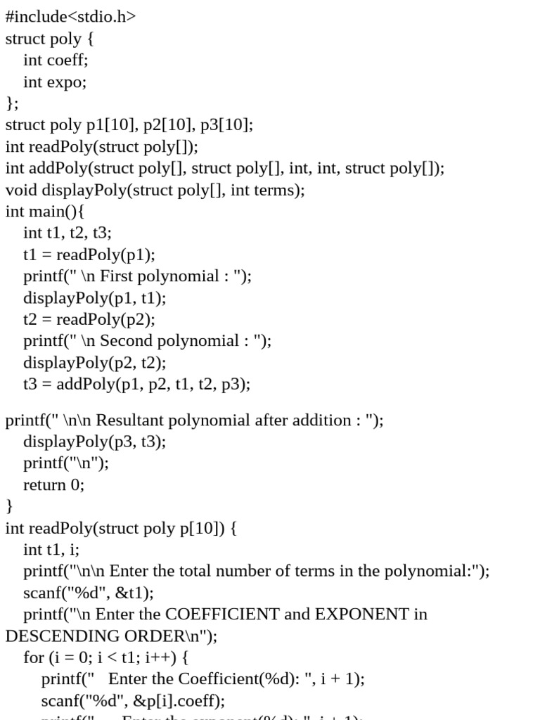 Addition of Two Polynomials | PDF