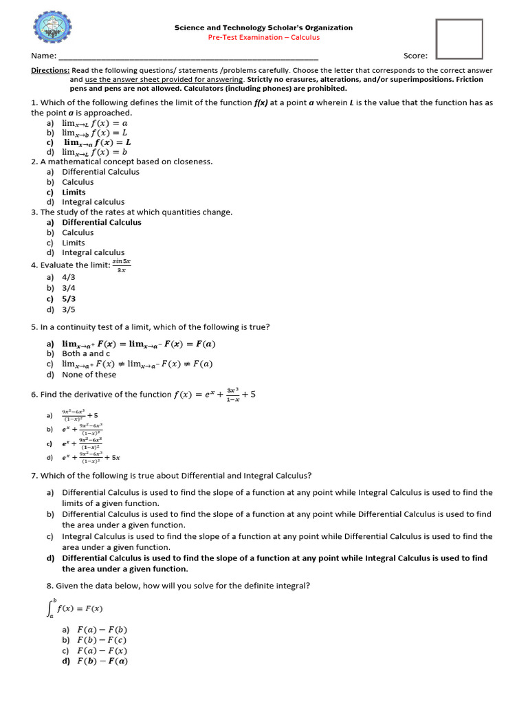 Pre-TEST-Calculus With KTC | PDF | Calculus | Function (Mathematics)