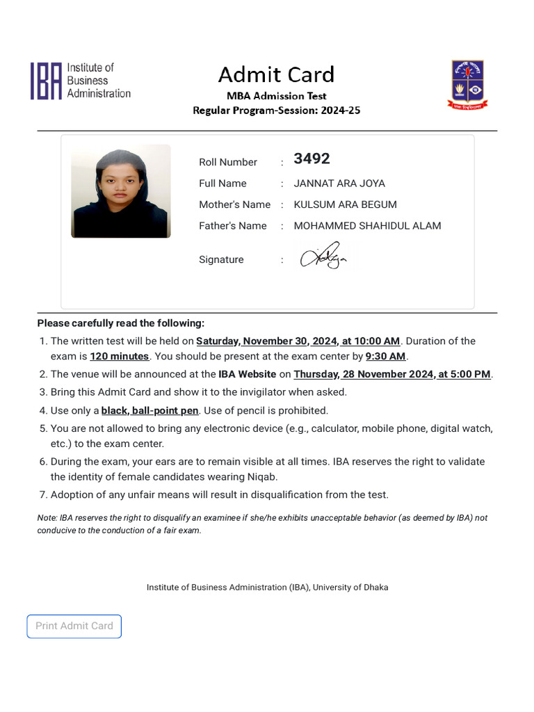 IBA - MBA Admit Card | PDF