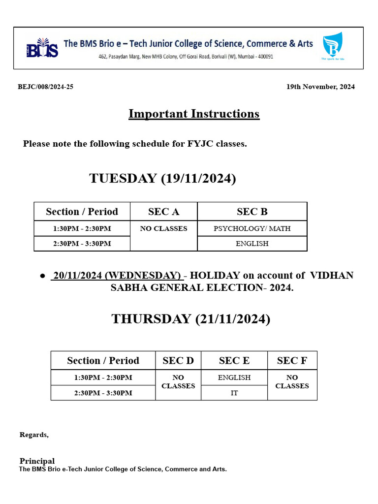 FYJC Class Schedule and Holiday Notice | PDF
