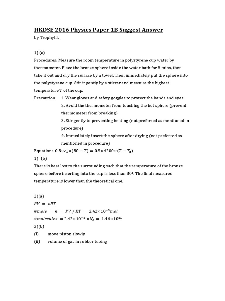 HKDSE 2016 Physics Paper 1B Suggest Answer | PDF | Temperature | Inductor