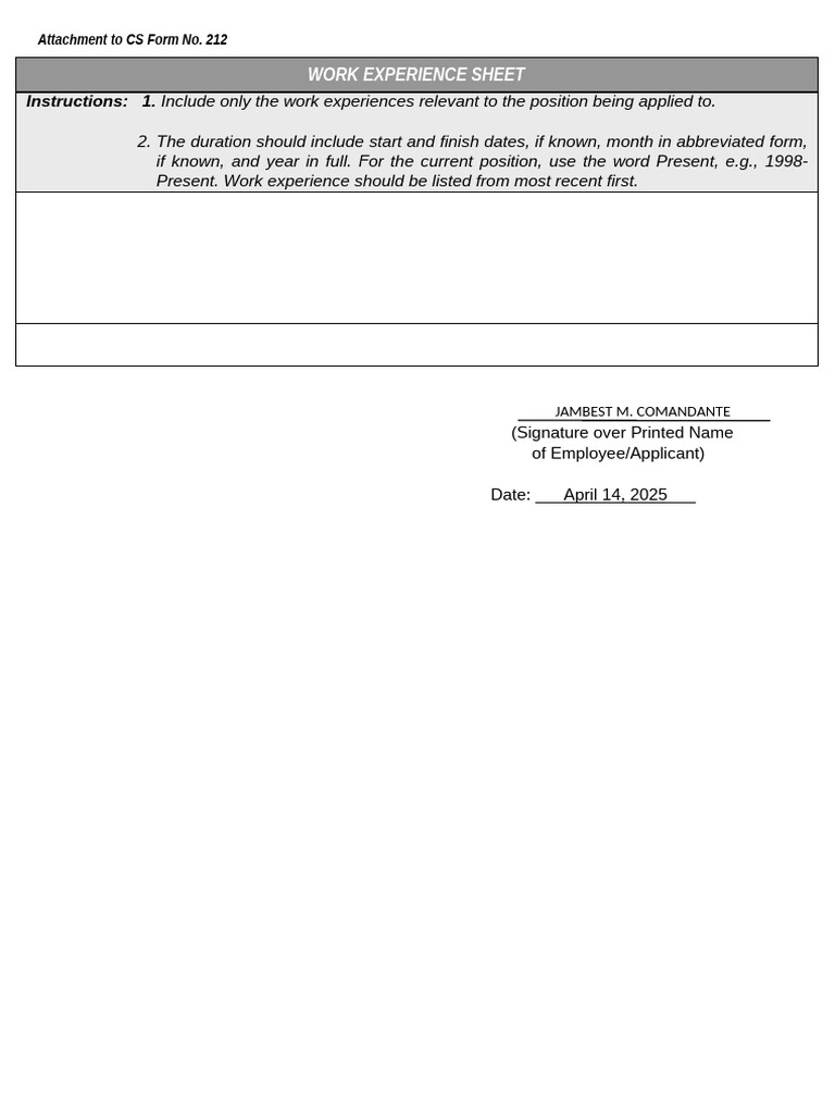 Work Experience Sheet Template | PDF