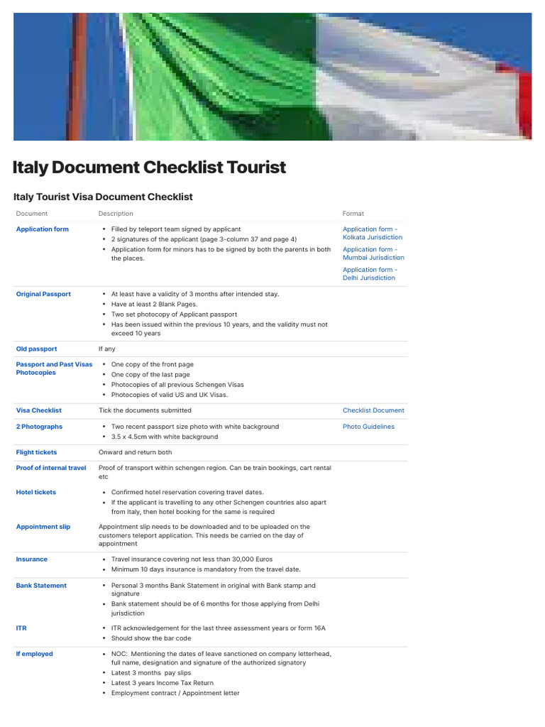 Italy Document Checklist | PDF | Identity Document | Passport