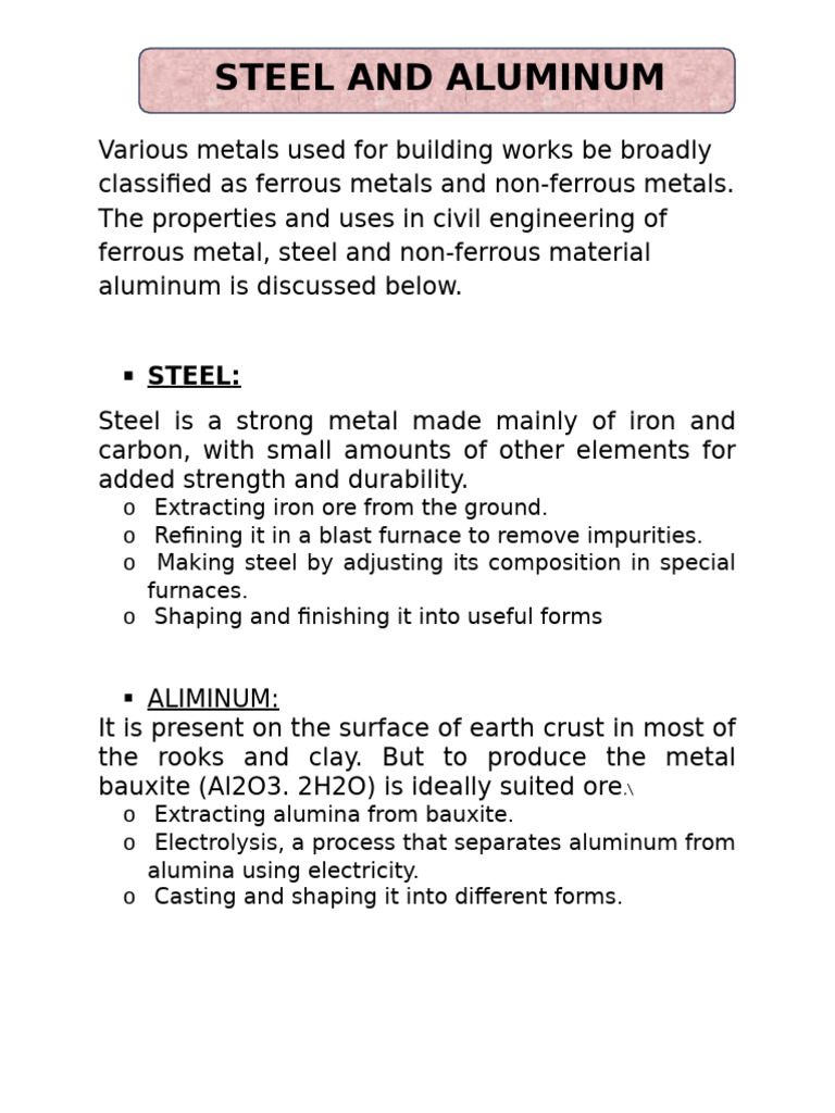 Various Metals Used For Building Works Be Broadly Classified As Ferrous ...