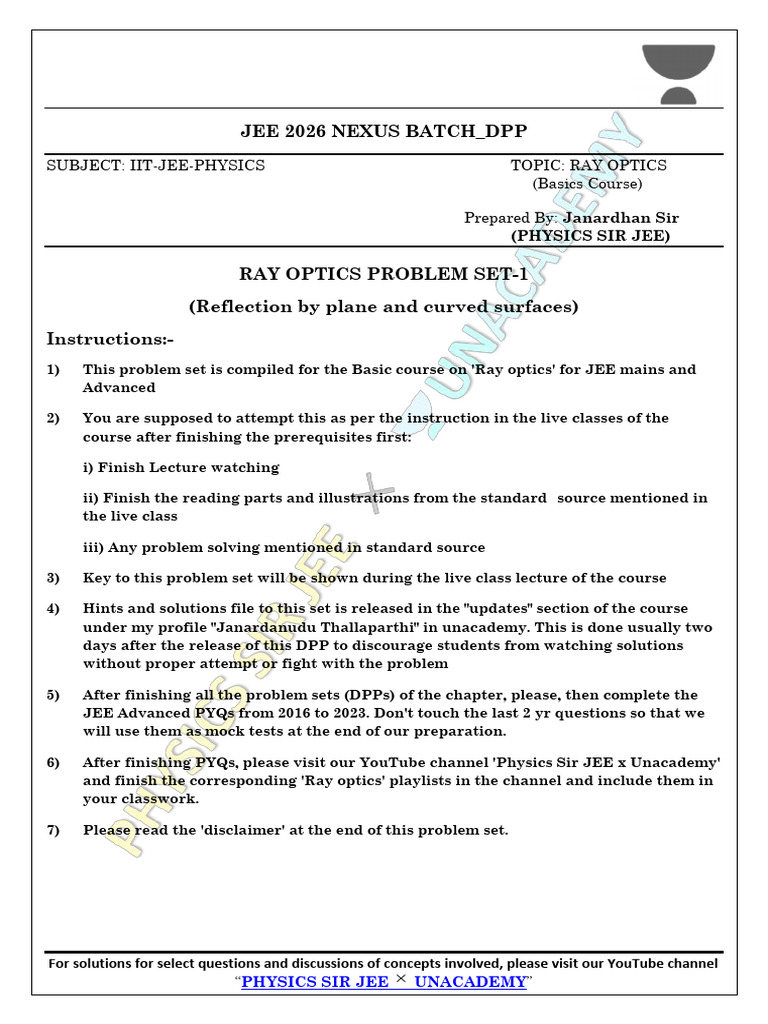 RayOptics_ProblemSet-1NexusCoursePhysicsSirJEExUnacademy | PDF