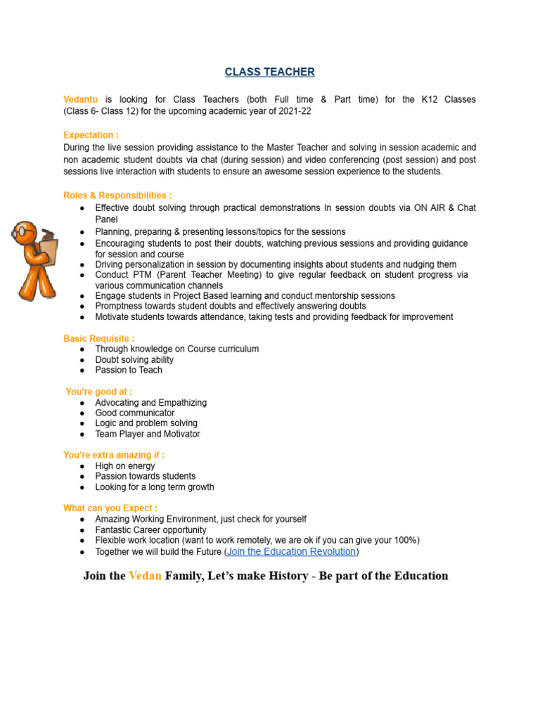 Class Teacher Job Description | PDF