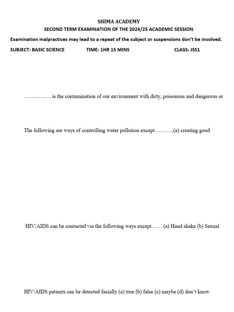 JSS1 Basic Science Exam 2024/25 | PDF | Sexually Transmitted Infection ...
