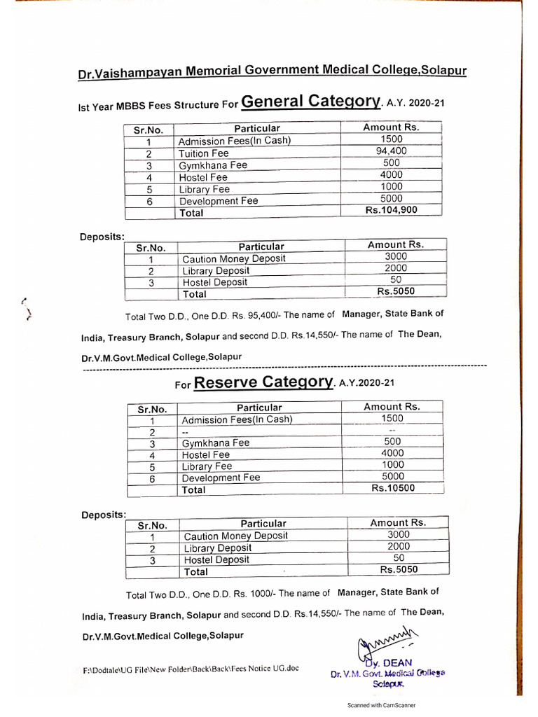 MBBS Fees Notice 2020 21 | PDF