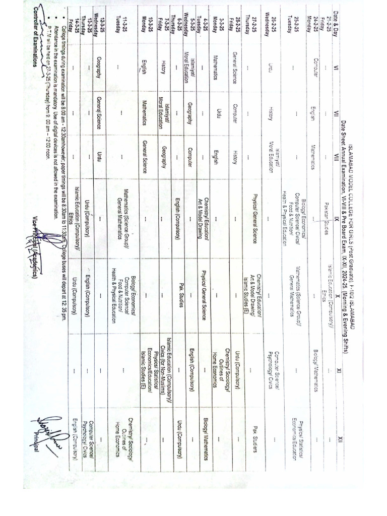 date sheet annual & preboard exams,2025 | PDF