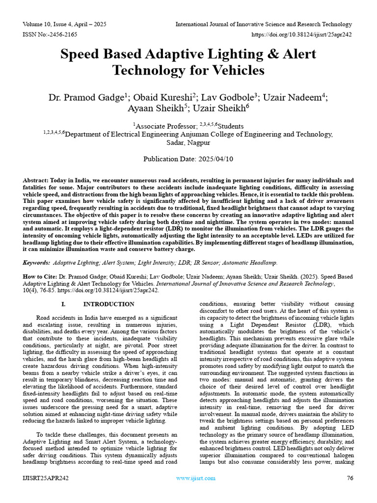 Speed Based Adaptive Lighting & Alert Technology For Vehicles | PDF ...