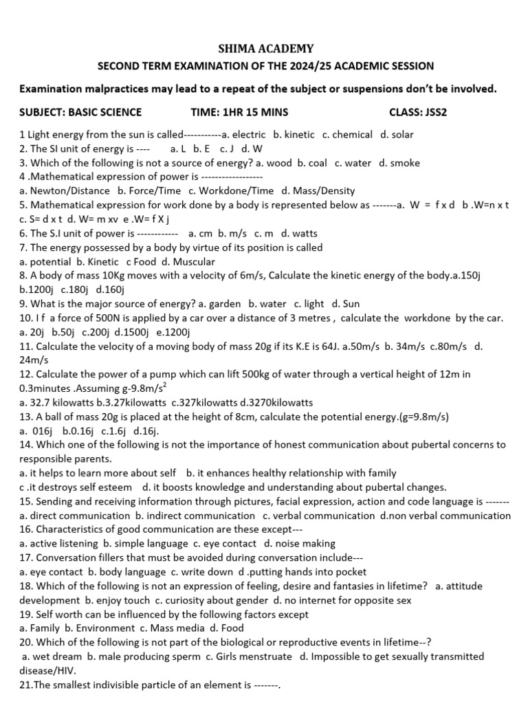 JSS2 Basic Science Exam Questions 2024 | PDF | Atomic Nucleus | Liquids