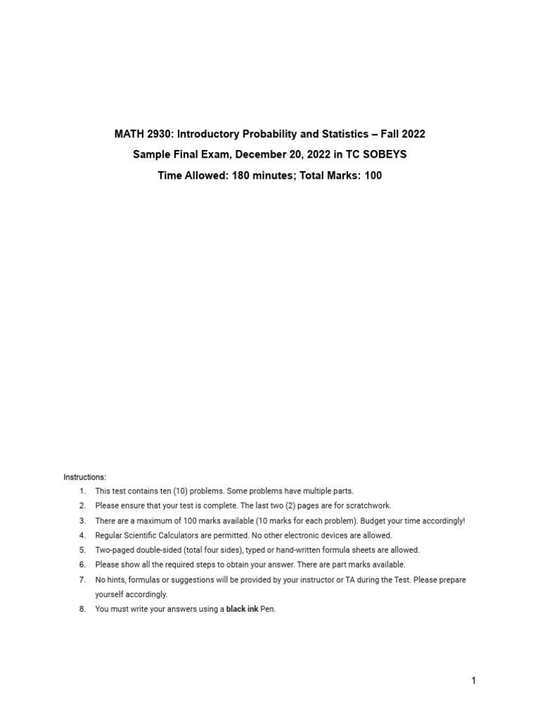 MATH2930 Sample Final Exam 2 PDF | PDF
