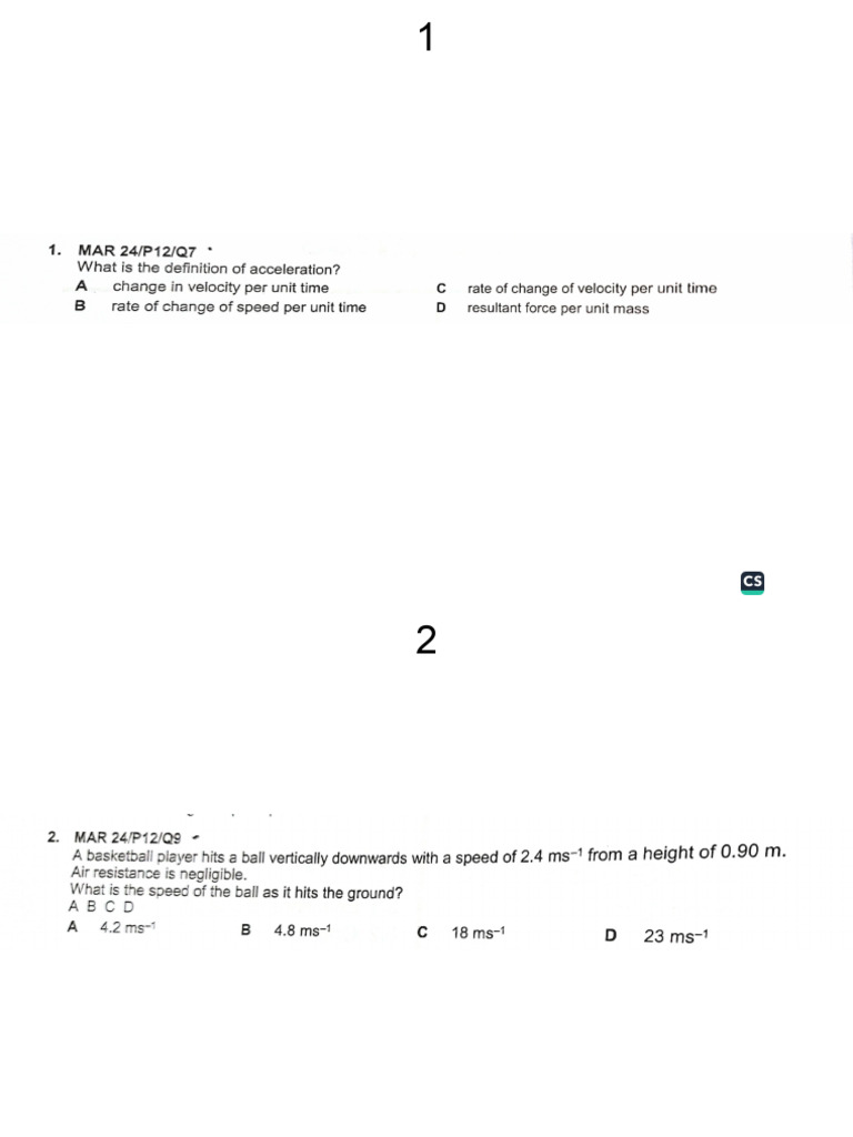 As Physics Kinematics McQs with Answer Key | PDF