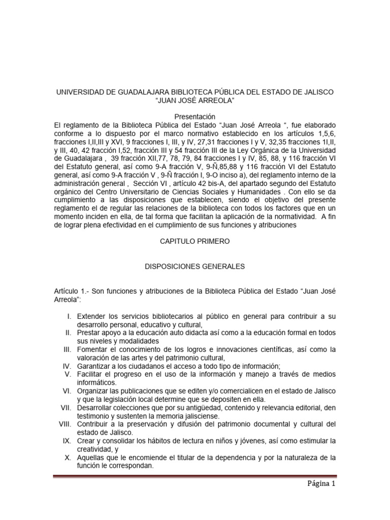 Reglamento Biblioteca Publica Juan Jose Arreola Mayo 2023 0 Pdf