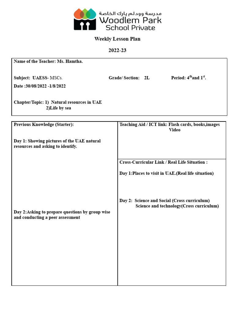 Weekly Lesson Plan for UAE Natural Resources | PDF | Educational ...