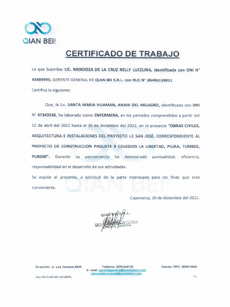 Constacia de Trabajo Qian Bei | PDF