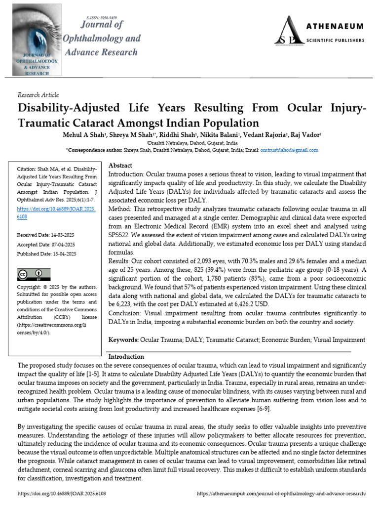 Disability Adjusted Life Years Resulting From Ocular Injury Traumatic ...