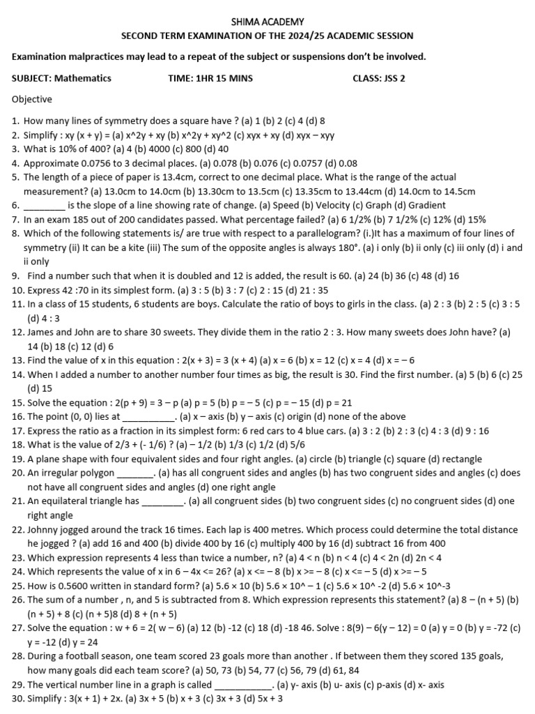 JSS2 Mathematics Questions | PDF | Triangle | Length