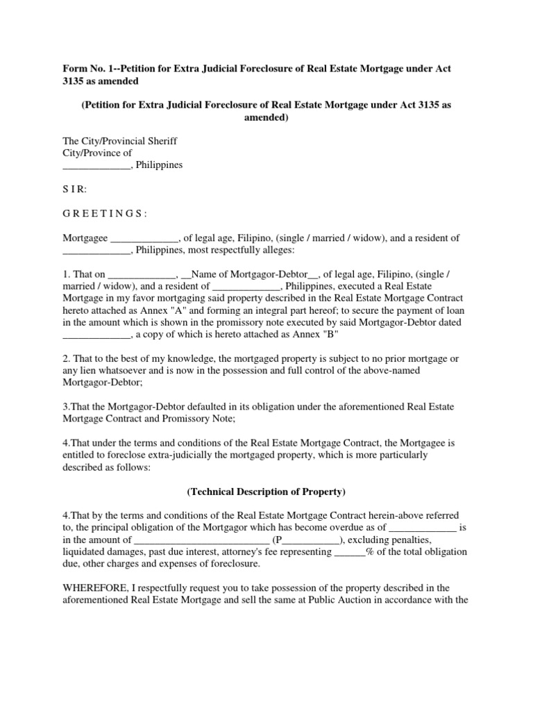 Petition for Extra Judicial Foreclosure | PDF | Mortgage Law | Foreclosure
