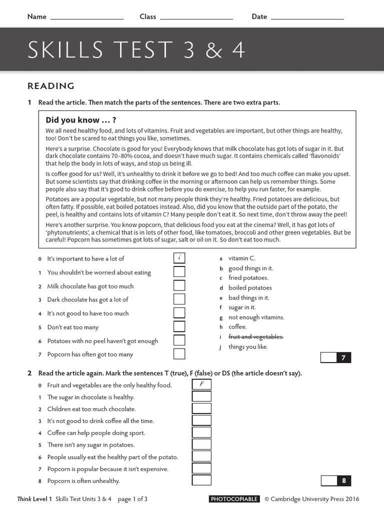 Think Level 1 Skills Test Units 3-4 | PDF | Chocolate | Foods