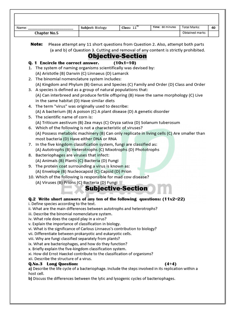 Ch5 11th Class Biology 40 Marks | PDF | Virus | Biology