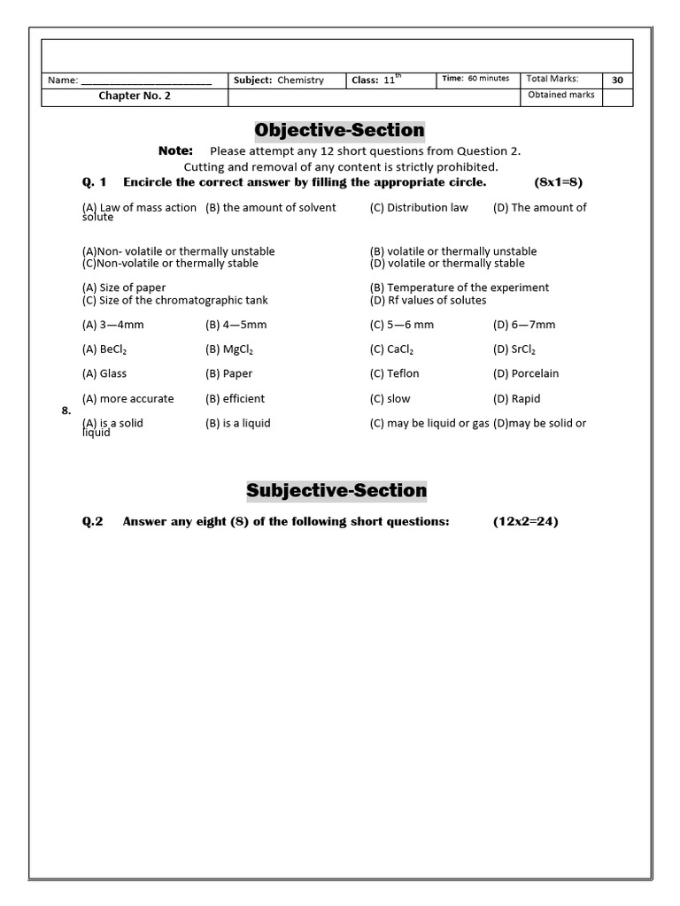 Chemistry Class 11 Objective & Subjective Test | PDF | Chromatography ...