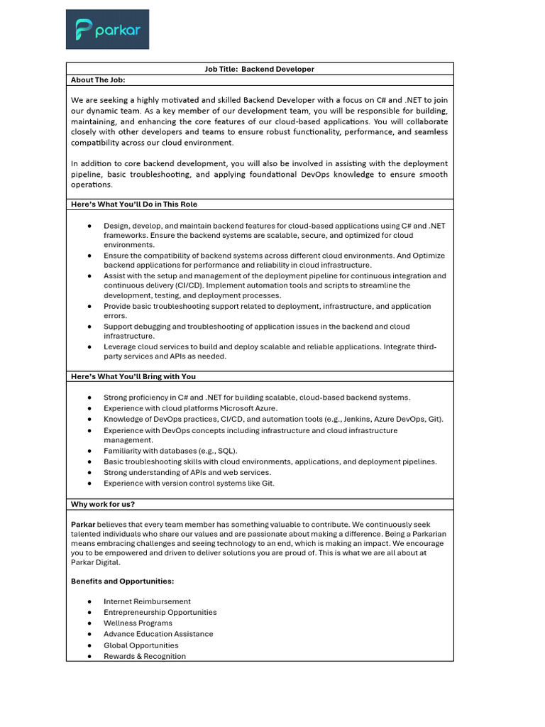 Parkar Digital - Job Description Backend Developer | PDF | Cloud ...