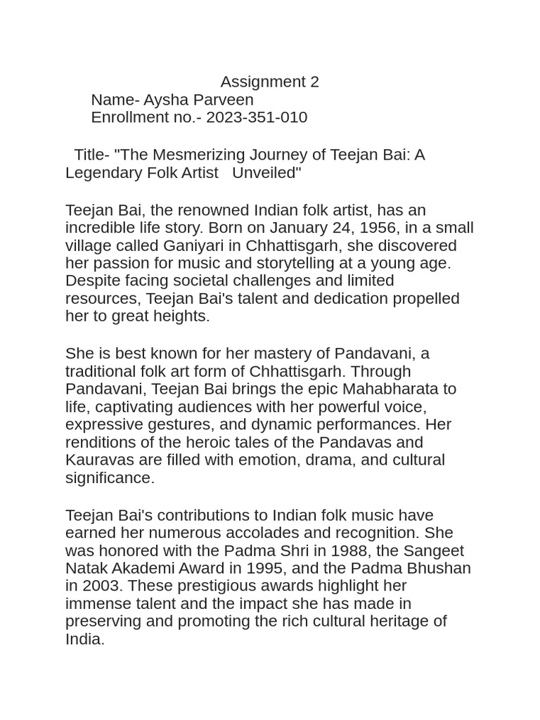 Teejan Bai: Icon of Pandavani Art | PDF