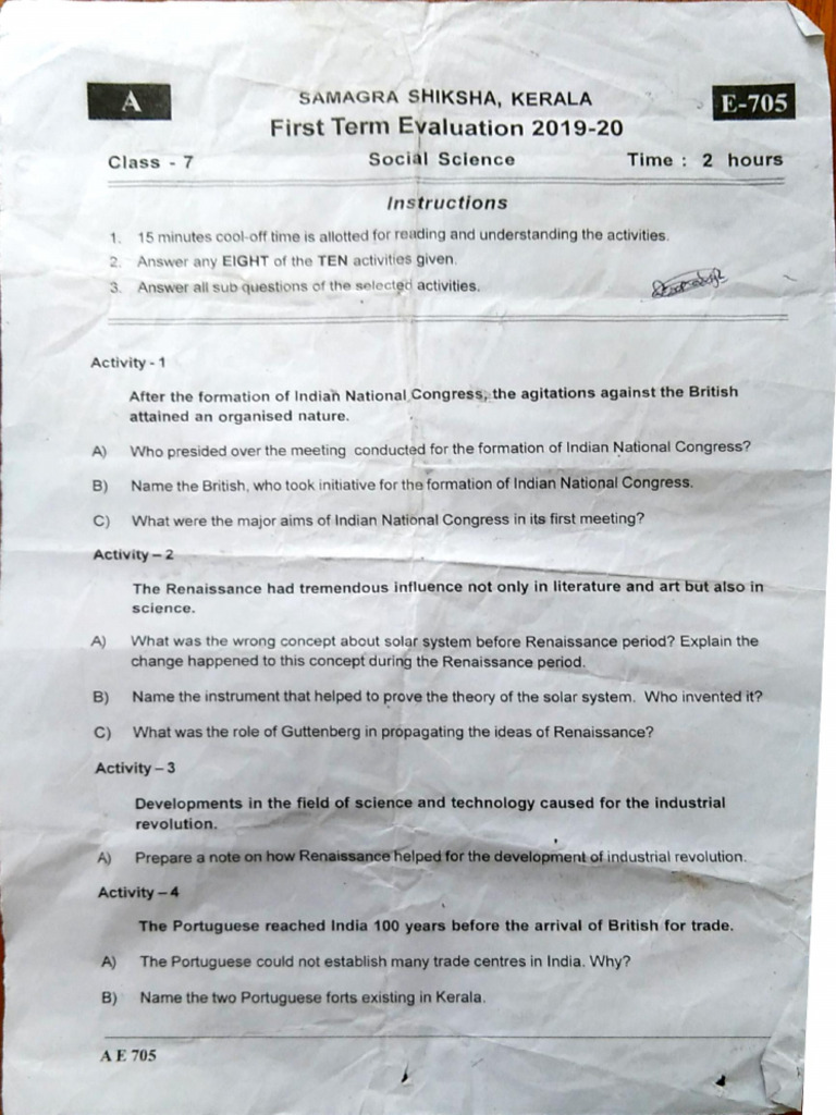 Kerala Class 7 First Term Onam Exam Question Paper 2019- Social Science (EM) | PDF