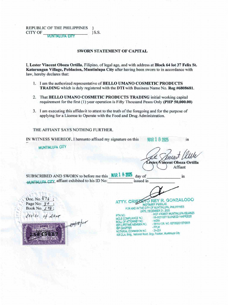 Sworn Statement of Capital | PDF