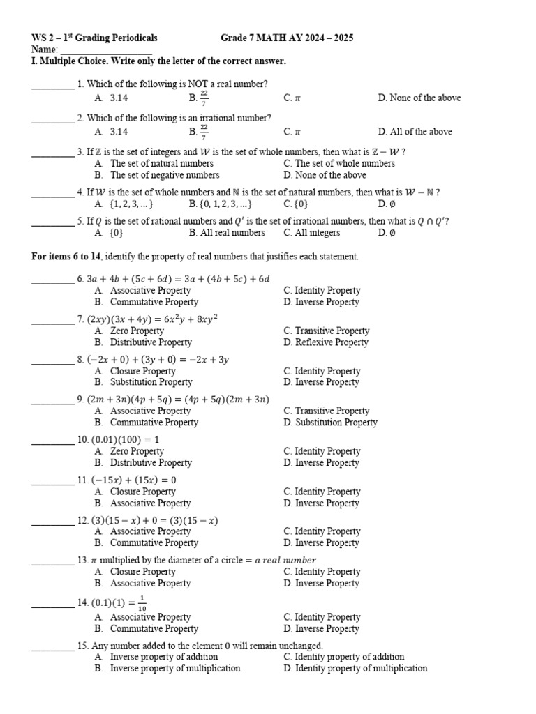 WS 2 - 1st Grading Periodicals (Real Numbers and Properties) | PDF ...