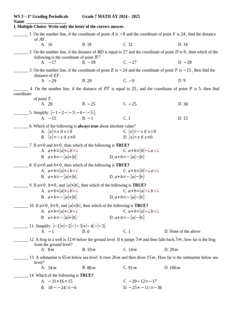 WS 3 - 1st Grading Periodicals (Integers) | PDF | Mathematics