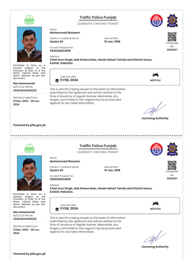 Learner's Motorcycle Permit for Muhammad Waseem | PDF | Identity ...