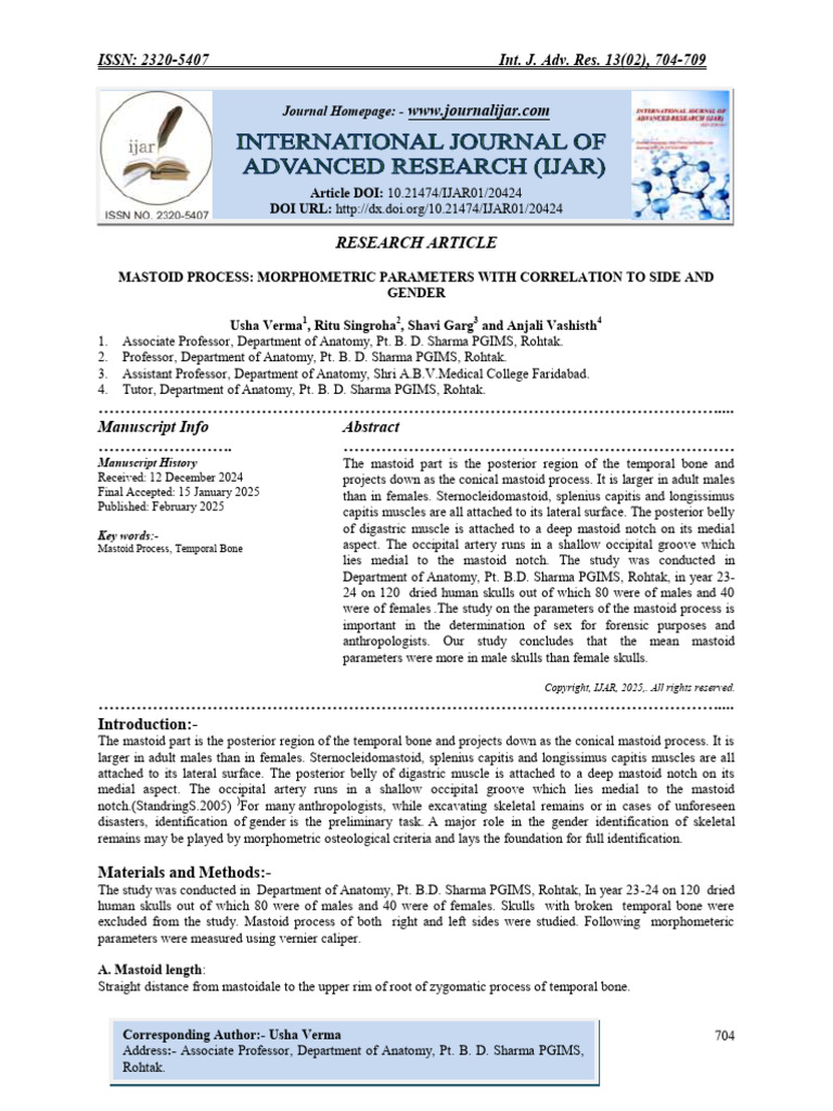 Mastoid Process: Morphometric Parameters With Correlation To Side and ...