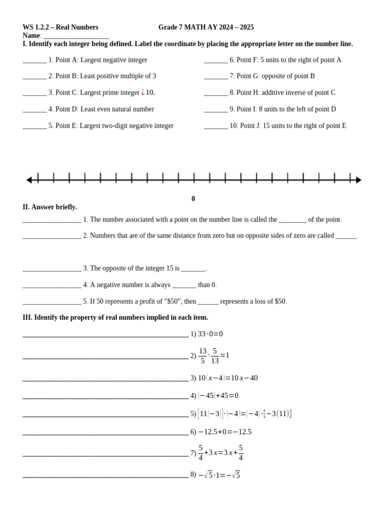 WS 1.2.2 - Real Numbers | PDF