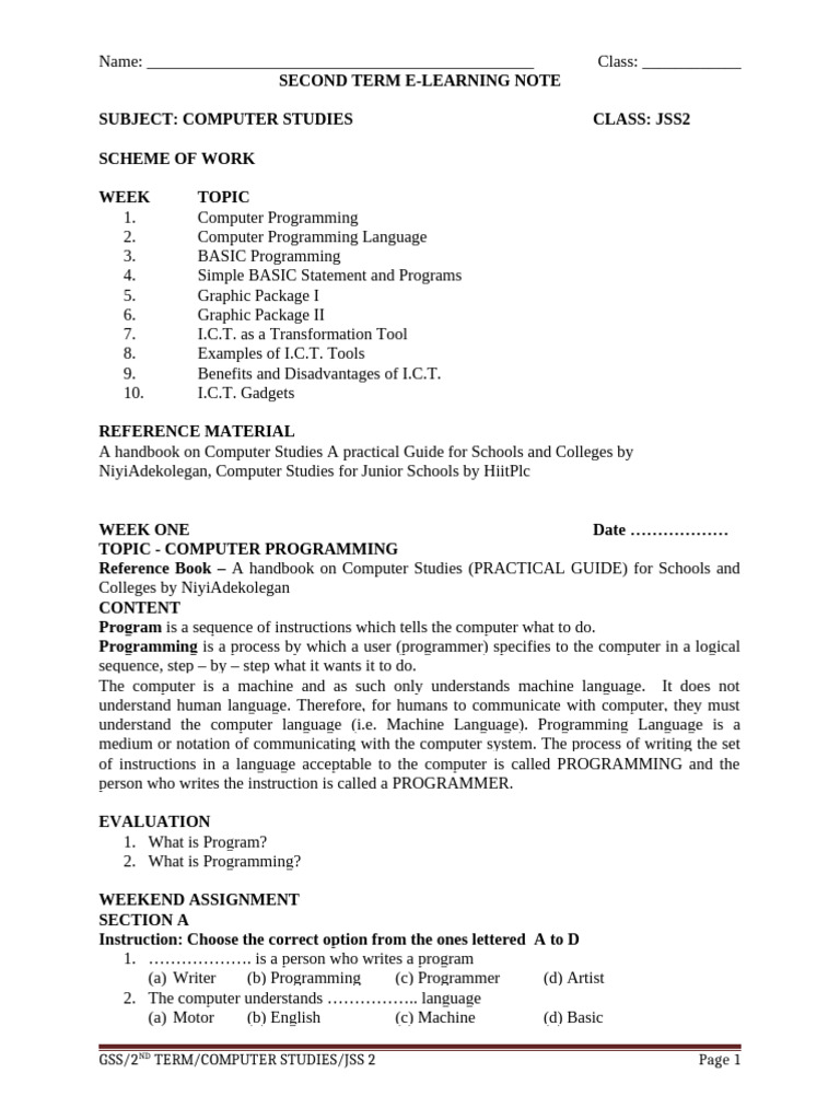 JSS2 Computer Studies E-Learning Notes | PDF | Programming | Computer ...