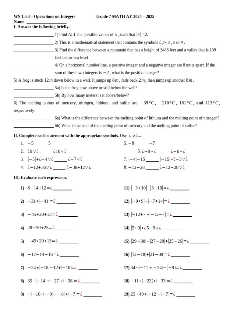 Grade 7 Integer Operations Worksheet | PDF | Arithmetic | Mathematics