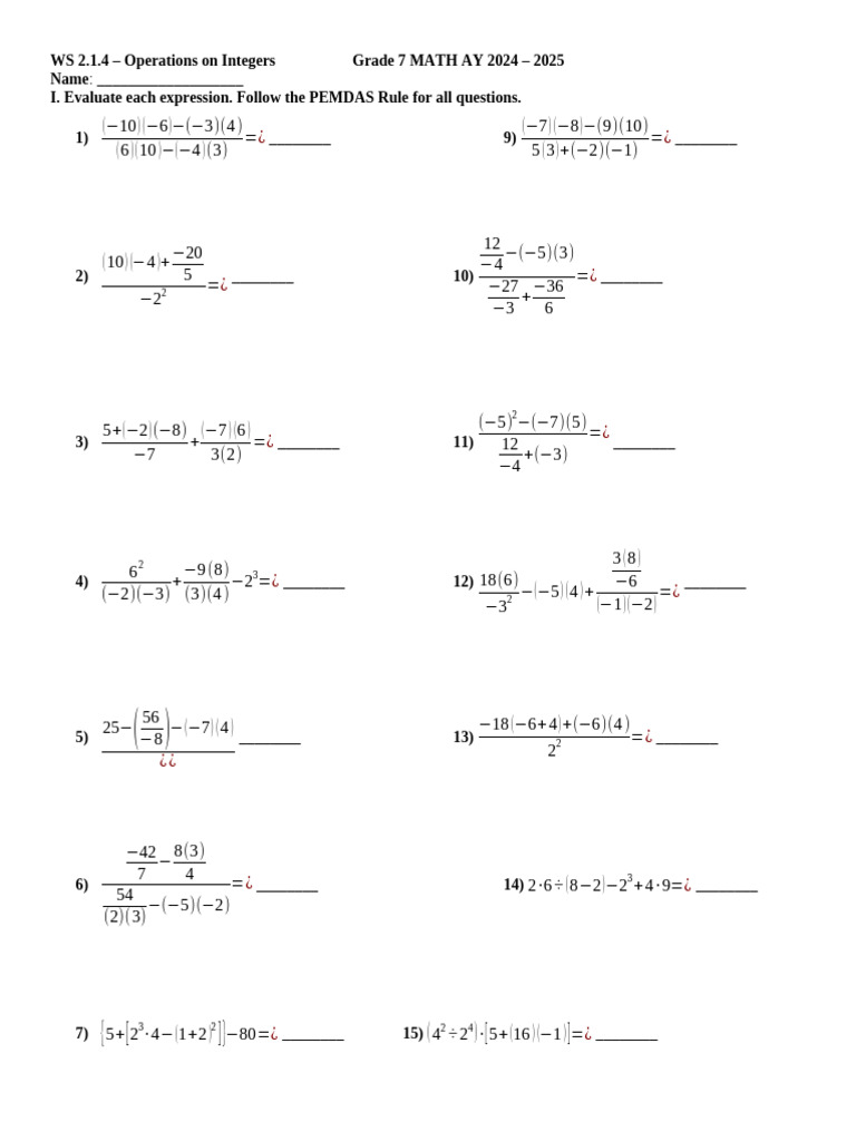 WS 2.1.4 - PEMDAS Integers | PDF | Mathematics | Computer Programming