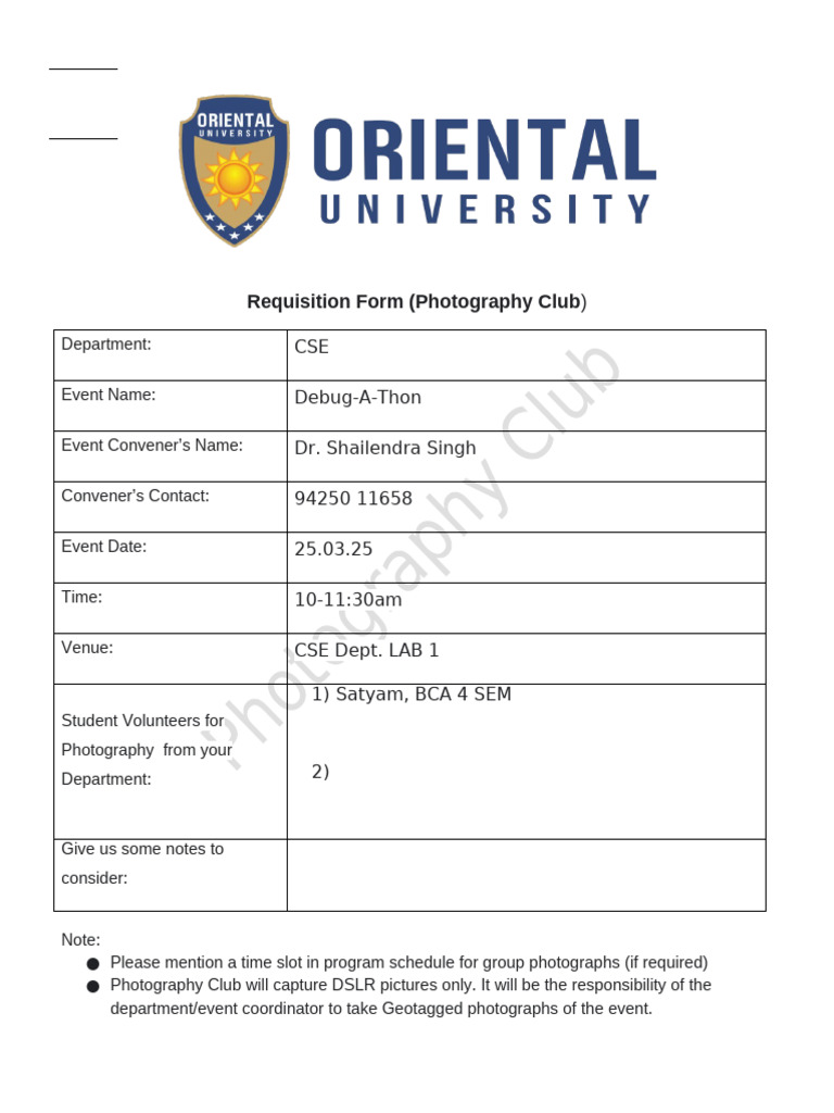 Photography Club Requisition Form | PDF