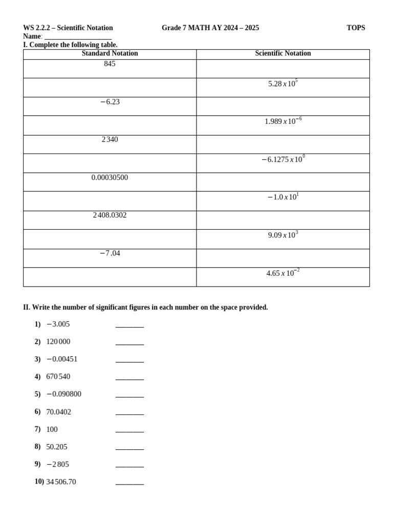 WS 2.2.2 - Scientific Notation | PDF