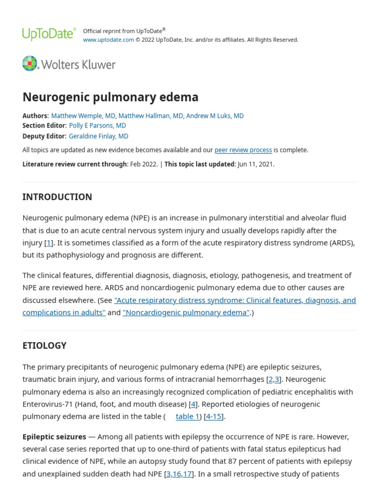 Neurogenic Pulmonary Edema - UpToDate | PDF | Pneumonia | Blood Vessel