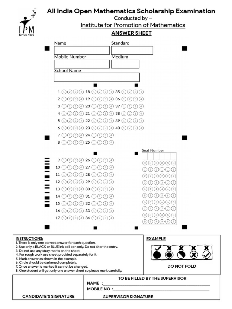 IPM Scholarship Exam Answer Sheet Instructions | PDF