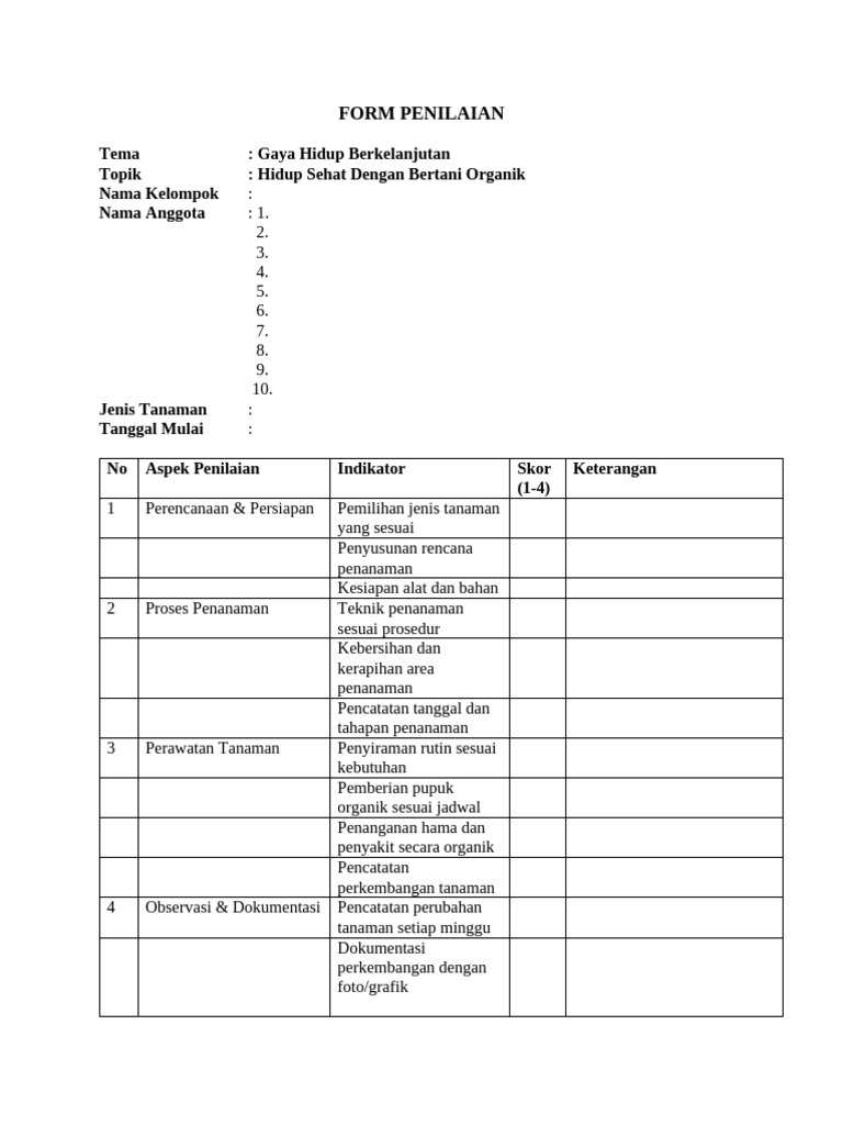 FORM PENILAIAN p5 - Tanaman Organik | PDF