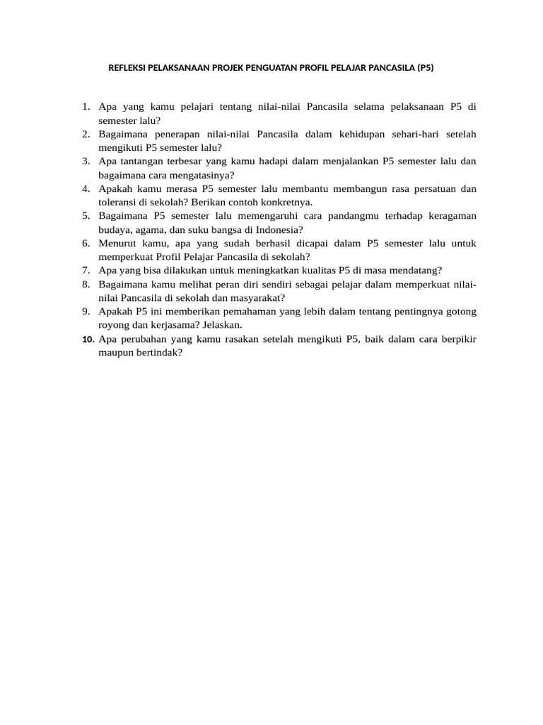 Refleksi Pelaksanaan Projek Penguatan Profil Pelajar Pancasila | PDF